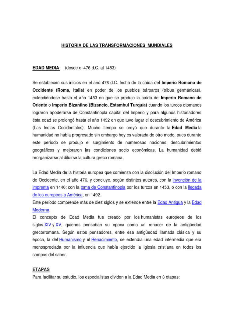 Historia de la Edad Media: Transformaciones | PDF | Edades medias ...