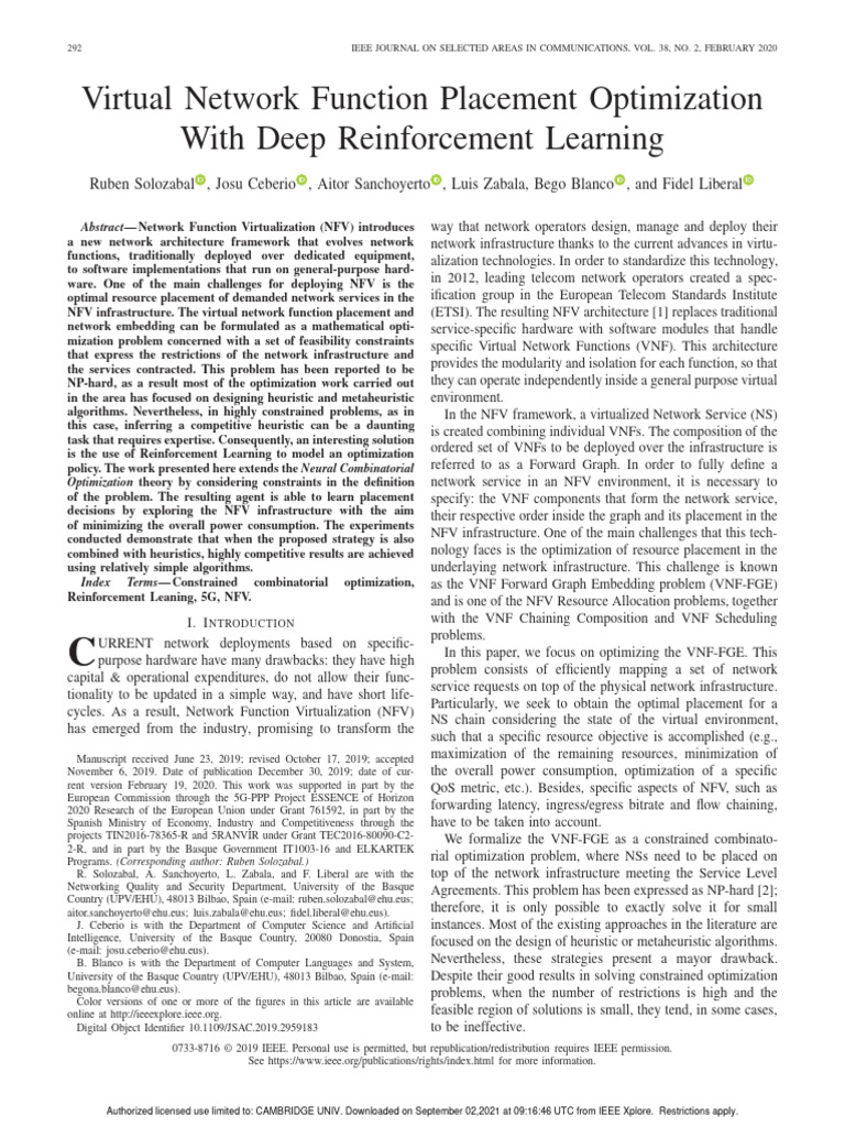 Nfv Resource Placement Via Reinforcement Learning Pdf Mathematical