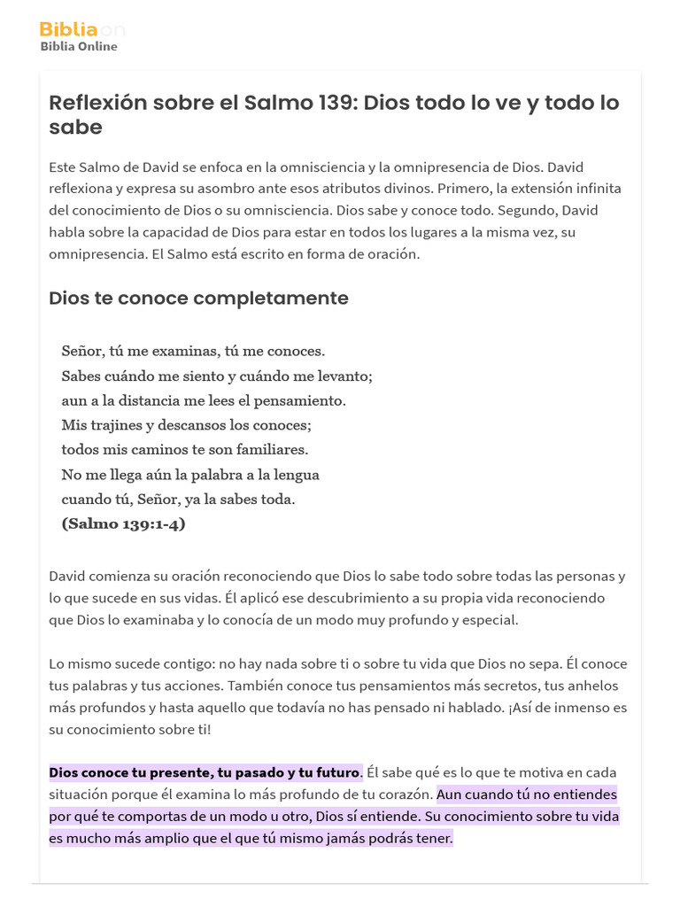 Reflexión Sobre El Salmo 139 - Dios Todo Lo Ve y Todo Lo Sabe - Biblia | PDF | Dios | Salmos