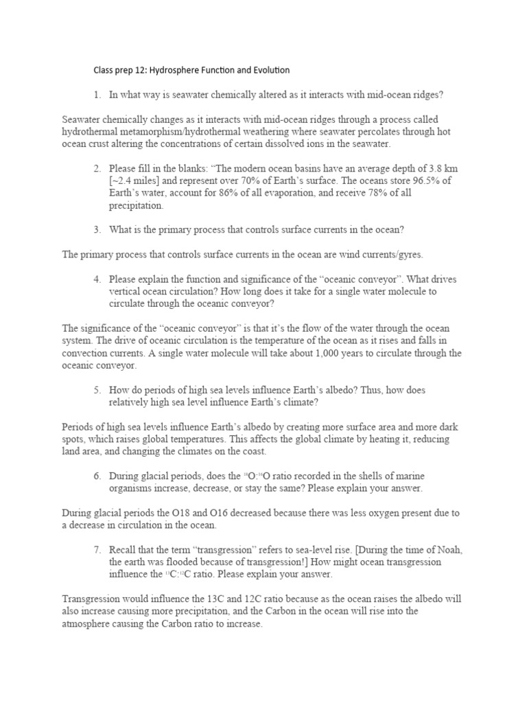 Class Prep 12 Hydrosphere Function and Evolution | PDF | Oceans | Earth