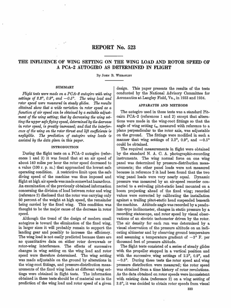 The Influence of Wing Setting On The Wing Load and Rotor Speed of Pca-2 Autogiro NACA-report-523 ...