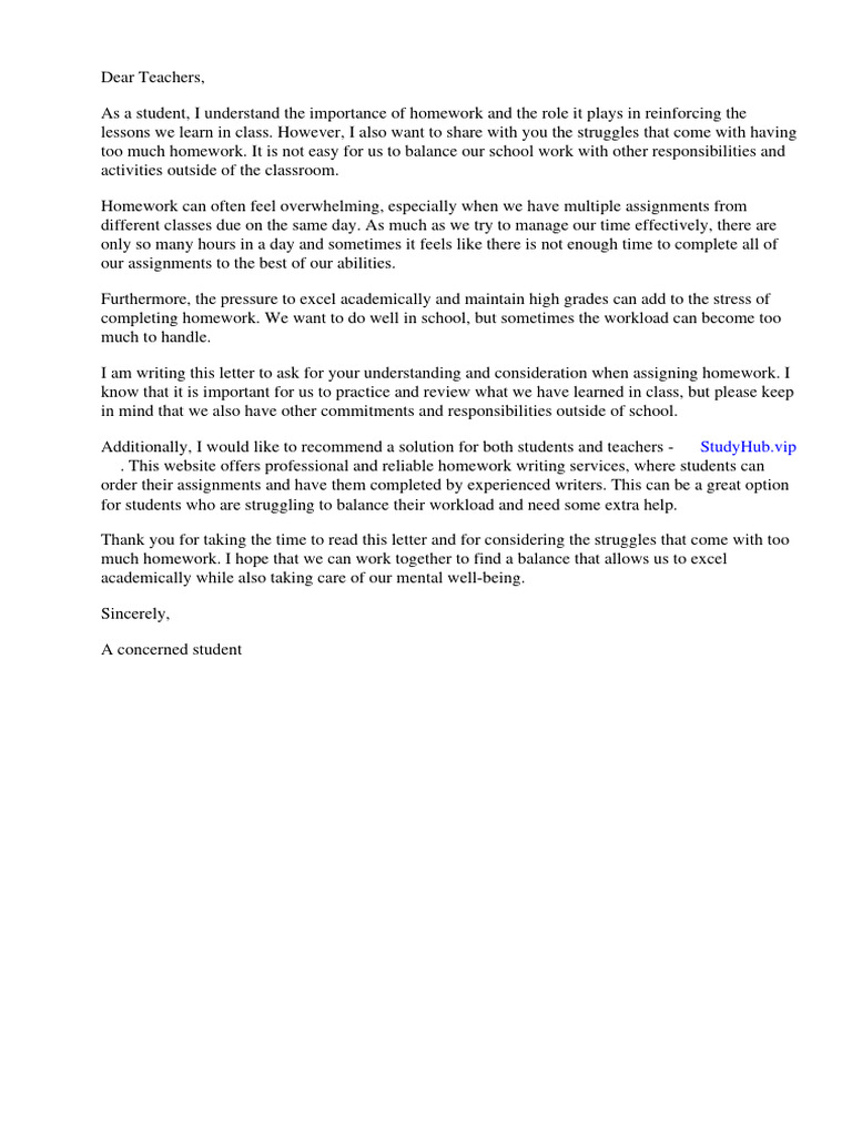Letter To Teacher Too Much Homework | PDF | Homework | Reading ...