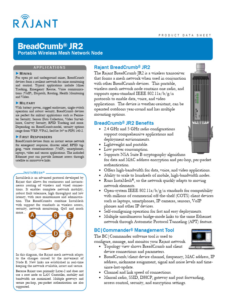 Rajant BreadCrumb JR2 Data Sheet | PDF | Computer Network | Ieee 802.11