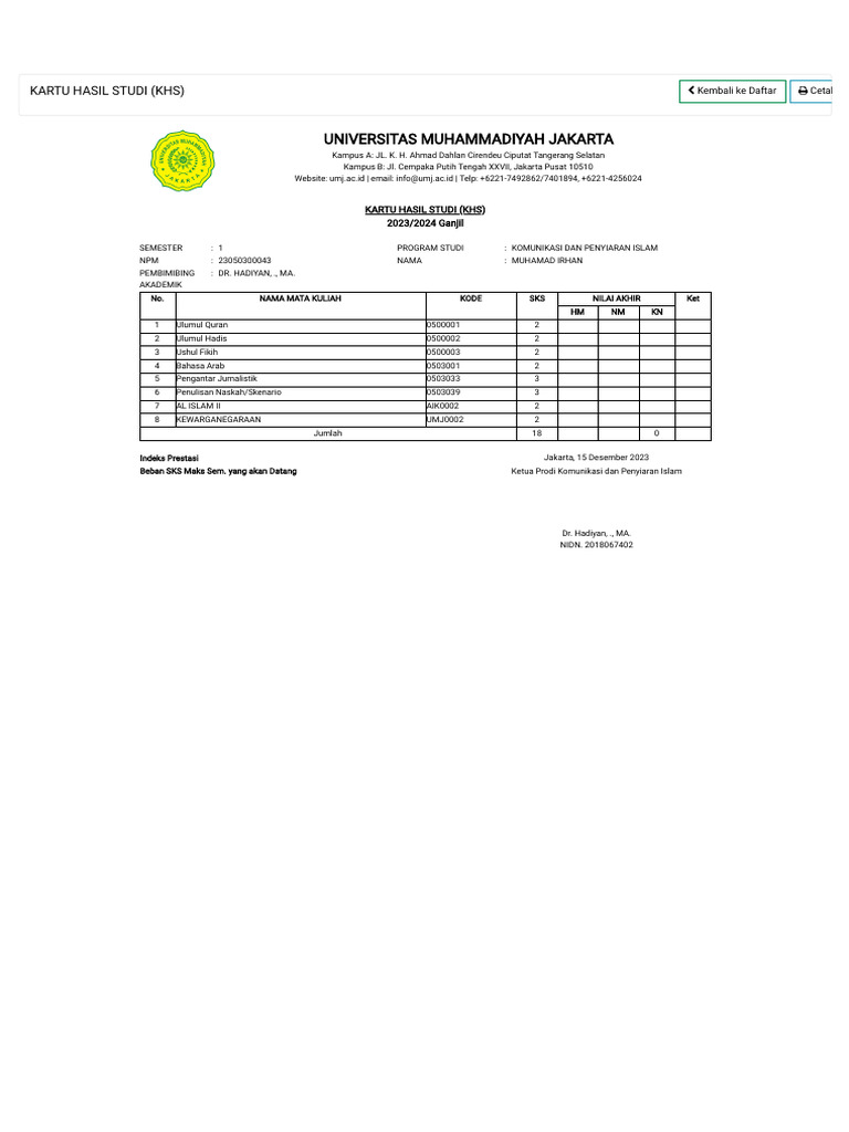Kartu Hasil Studi (KHS) | PDF