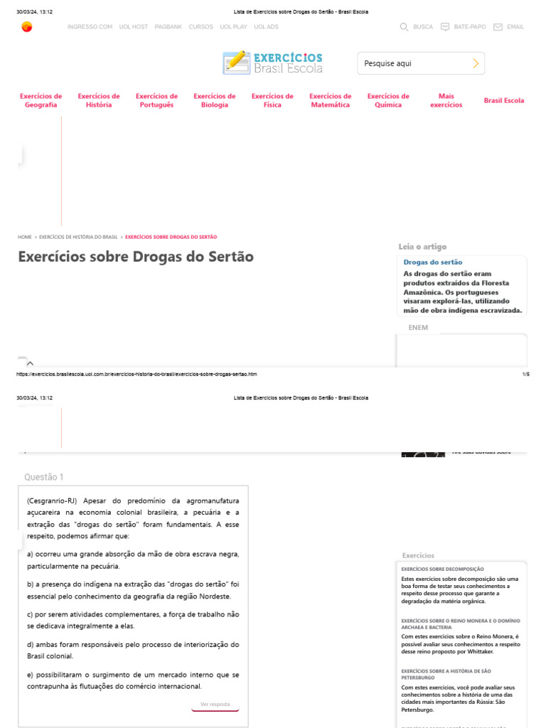 Lista de Exercícios Sobre Drogas Do Sertão - Brasil Escola | PDF ...