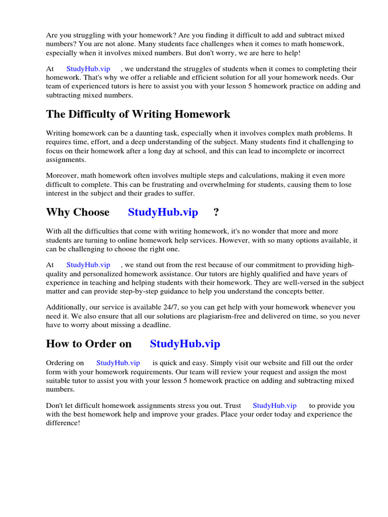 Lesson 5 Homework Practice Add and Subtract Mixed Numbers | PDF ...