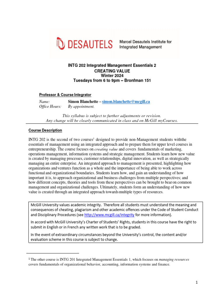 INTG 202 - Winter 2024 - Syllabus - Simon Blanchette | PDF | Marketing Strategy | Marketing