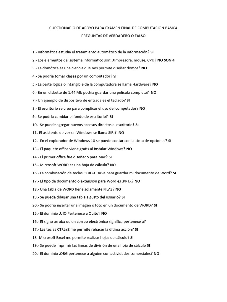 Cuestionario de Examen de Computación Básica | PDF