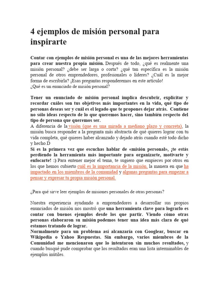 4 Ejemplos de Misión Personal para Inspirarte. Sem.3 | PDF