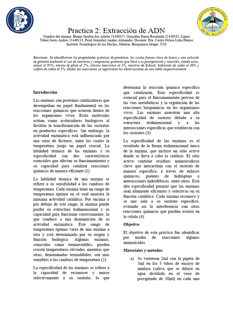 Práctica 2, Extracción de ADN | PDF | Enzima | Sustrato (Química)