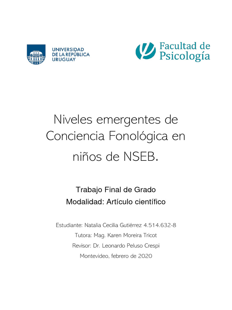 Niveles Emergentes de Conciencia Fonologica en Ninos de Nseb TFG ... Niveles Emergentes de Conciencia Fonologica en Ninos de Nseb TFG ...