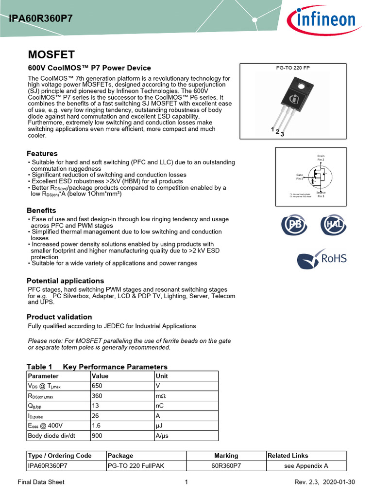 Infineon IPA60R360P7 DataSheet v02 - 03 EN | PDF | Semiconductors | Semiconductor Devices