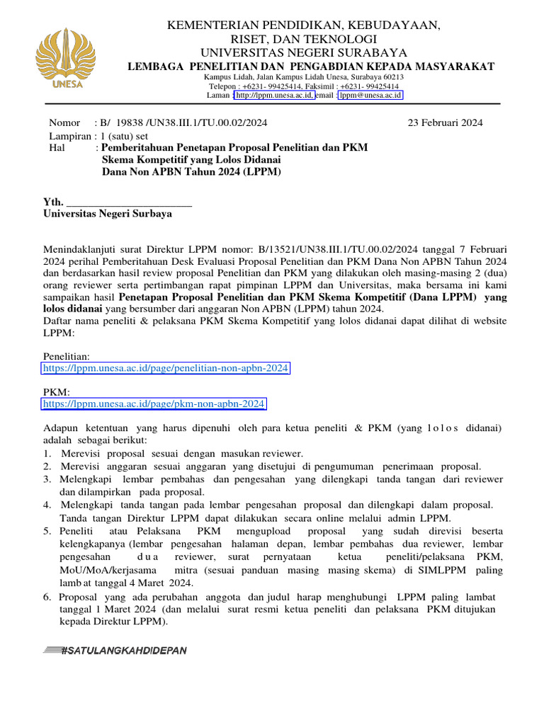 Tanpa Lampiran Kompetitif Surat Pemberitahuan Penetapan Lolos Didanai ...