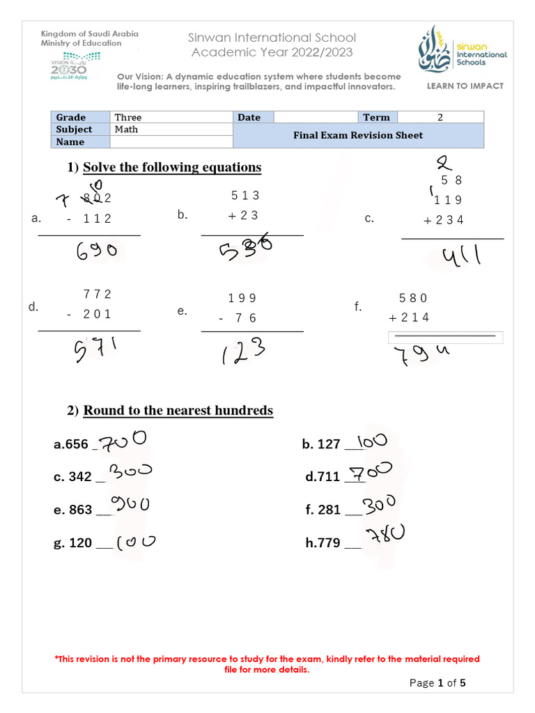 Grade 3 Math Exam Revision Sheet | PDF