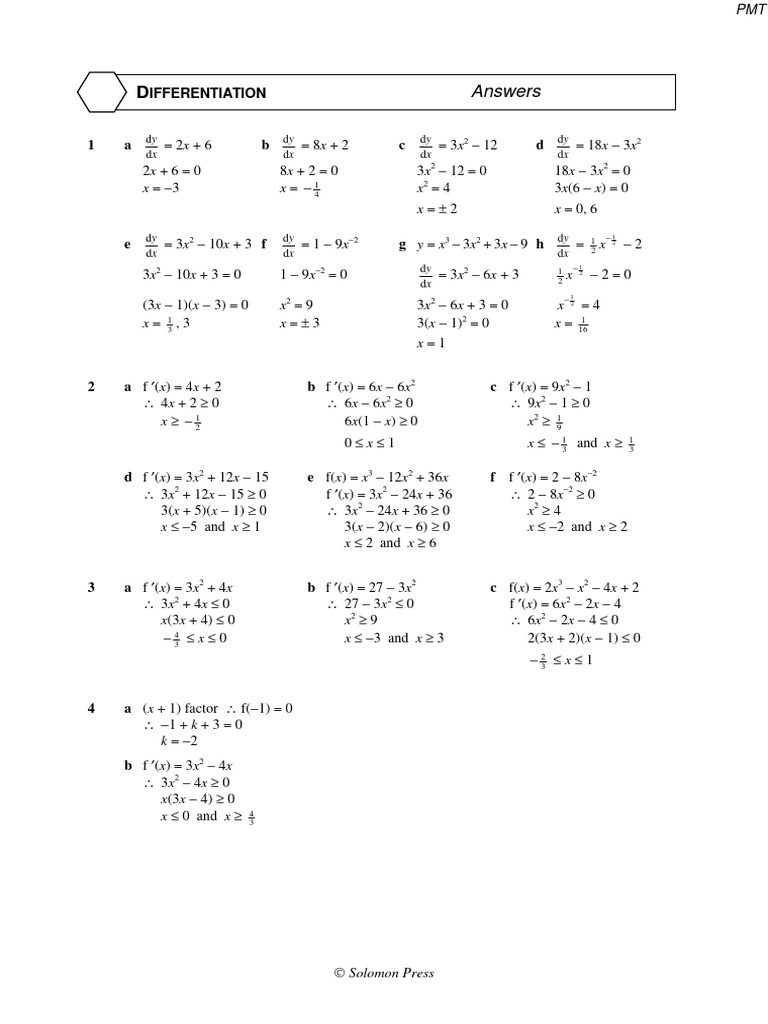 4b Increasing And Decreasing Functions And Stationary Points Answers Pdf Subtraction