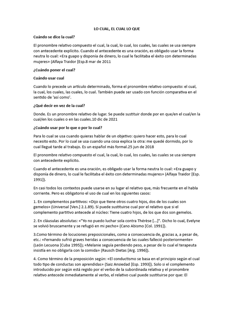 Uso de "lo cual" y "el cual" en español | PDF | Gramática | Sintaxis