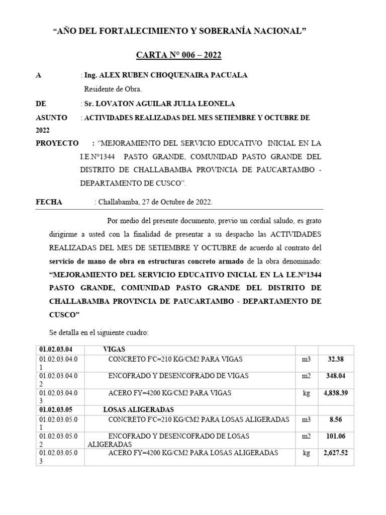 Carta 006 de Avance de Metas de Servico DE ESTRUCTURA DE C°A° - Pasto ...