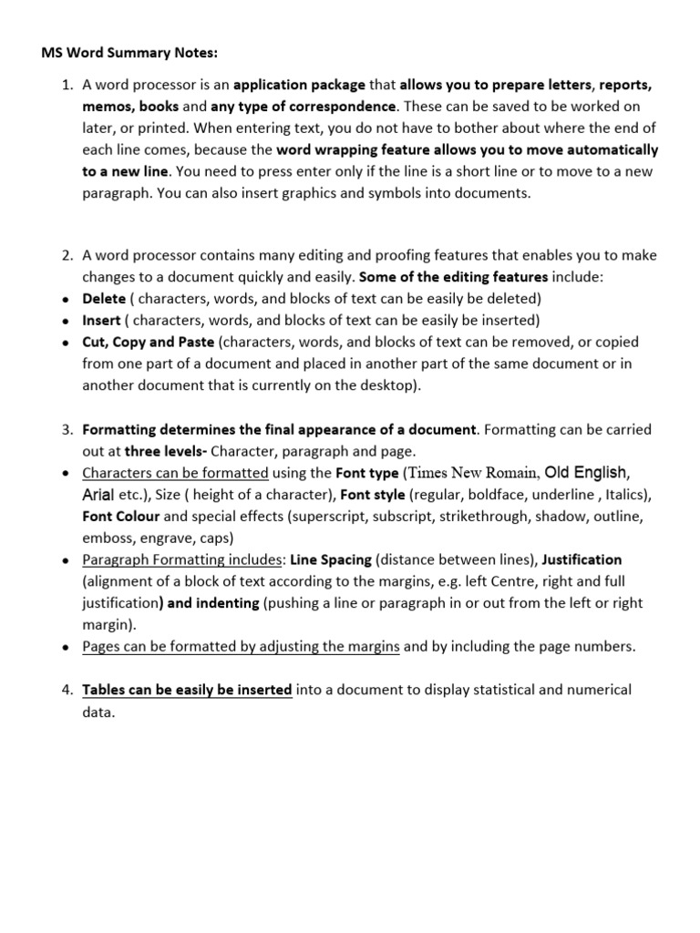 MS Word Summary Notes | PDF