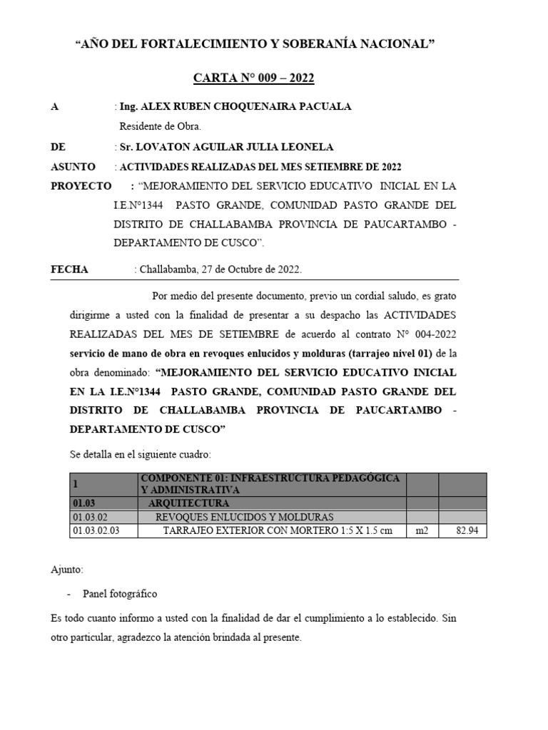 Carta 009 de Avance de Metas de Servicio de Tarrajeo (2da) - Pasto ...