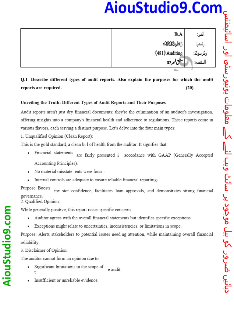 Q.1 Describe Different Types of Audit Reports. Also Explain The Purposes For Which The Reports ...