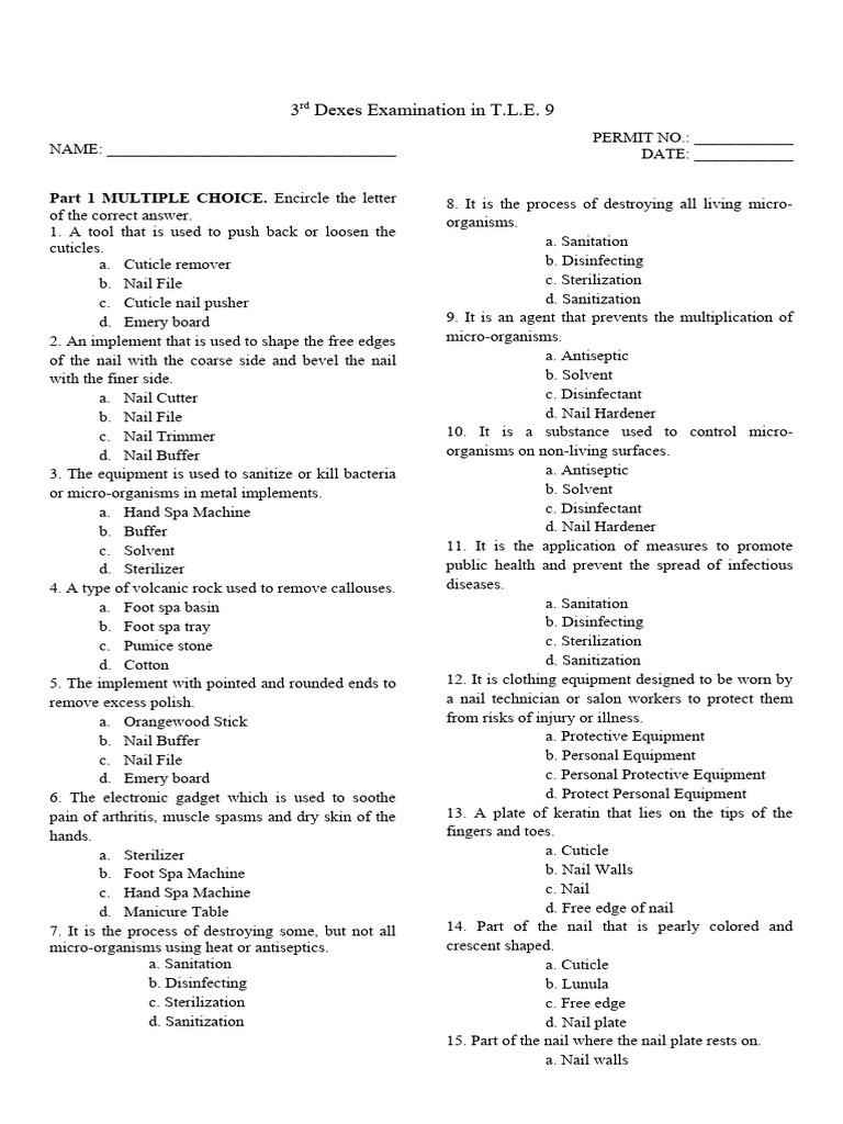 TLE 9 Exam | PDF | Nail (Anatomy) | Disinfectant