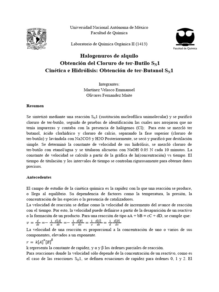 Obtención Del Cloruro de Ter-Butilo SN1 | PDF | Cinética química | Cloro