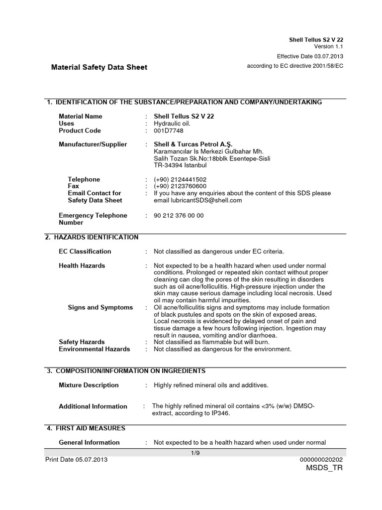 Msds-En-Shell-Tellus-S2-V-22 (00000003) | PDF | Toxicity | Glove