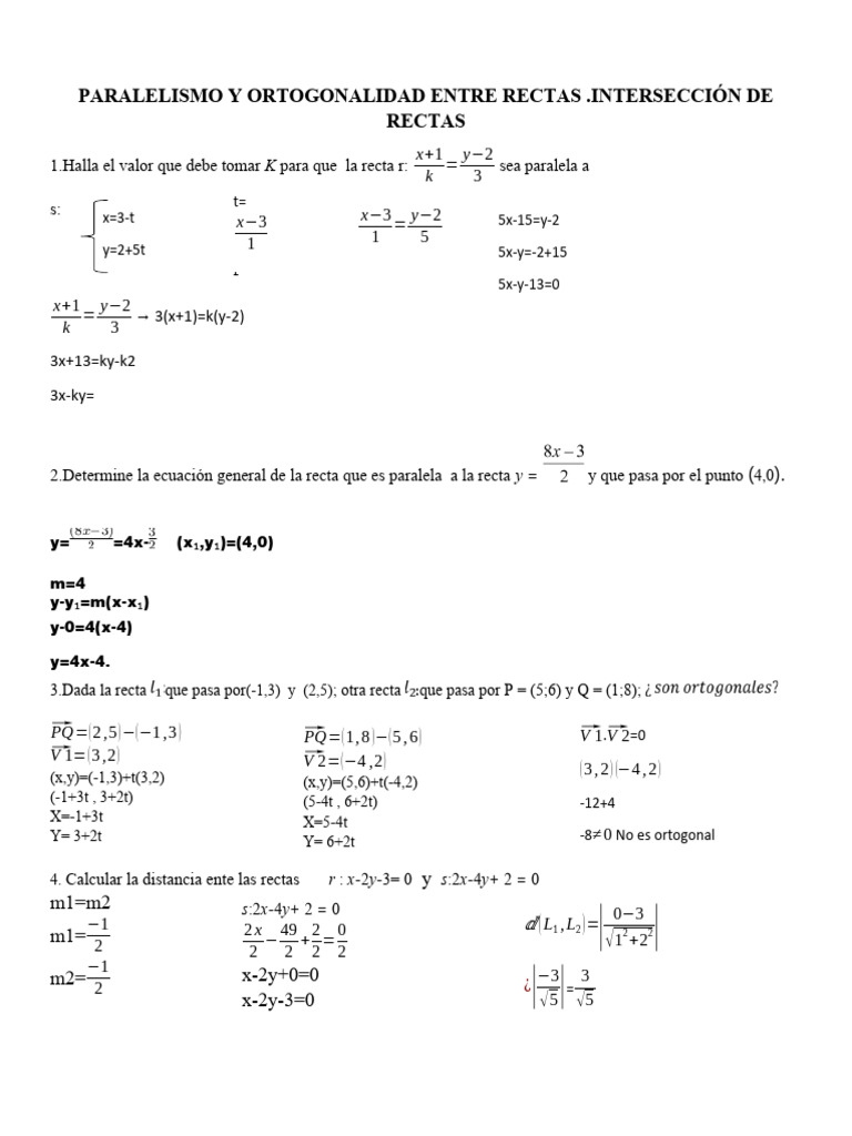 Ejercicios Paralelismo, Ortogonalidad e Interseccion en Rectas R2 | PDF | Objetos matemáticos ...
