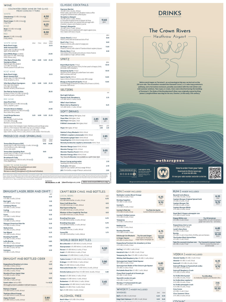 The Crown Rivers Wetherspoon Menu | PDF | Wine | Fermented Drinks
