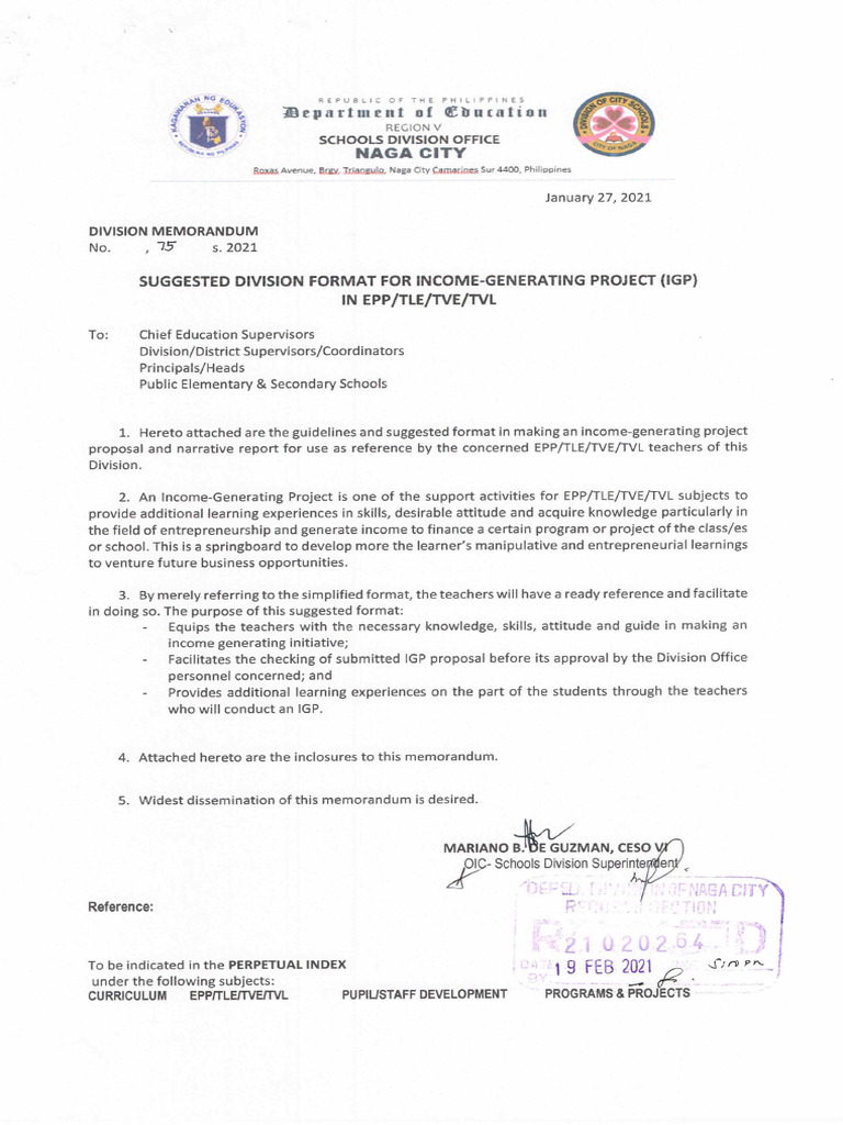 DM No. 75, S. 2021 Suggested Division Format For Income-Generating ...