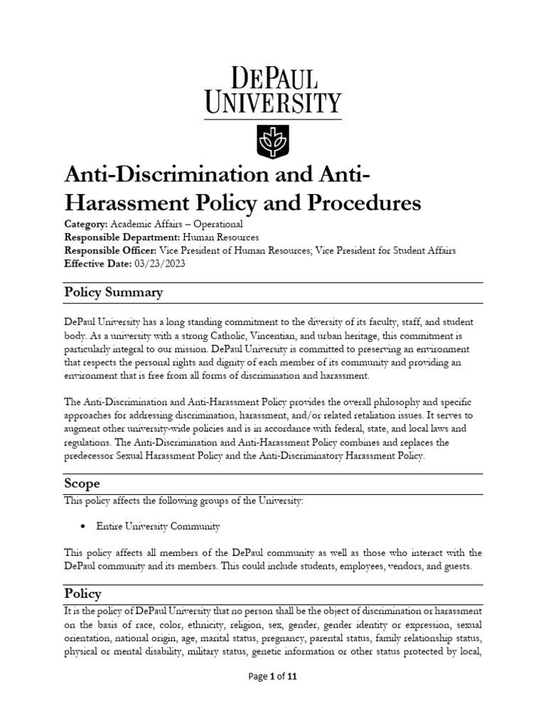 Anti-Discrimination and Anti-Harassment Policy and Procedures | PDF ...