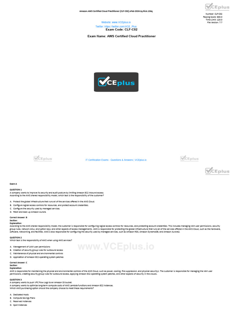 Amazon - AWS Certified Cloud Practitioner CLF C02.vFeb 2024.by - .Rick - .156q | PDF | Cloud ...