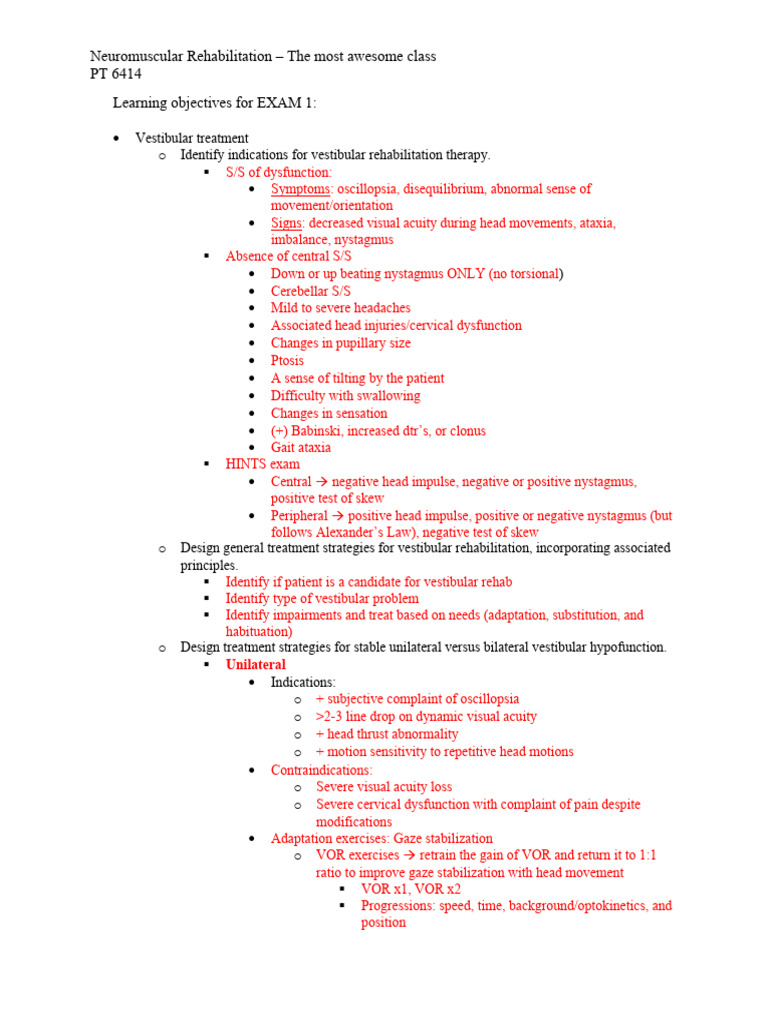 Learning Objectives For EXAM 1 | PDF | Balance (Ability) | Vestibular ...