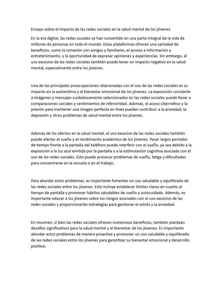 Ensayo Sobre El Impacto de Las Redes Sociales en La Salud Mental de Los ...