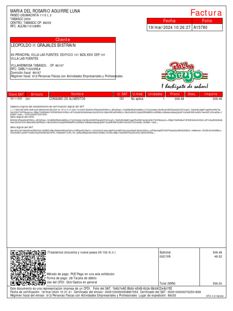 AULR6110108W0 Factura A15780 20240319 | PDF | Tecnología bancaria | Pagos