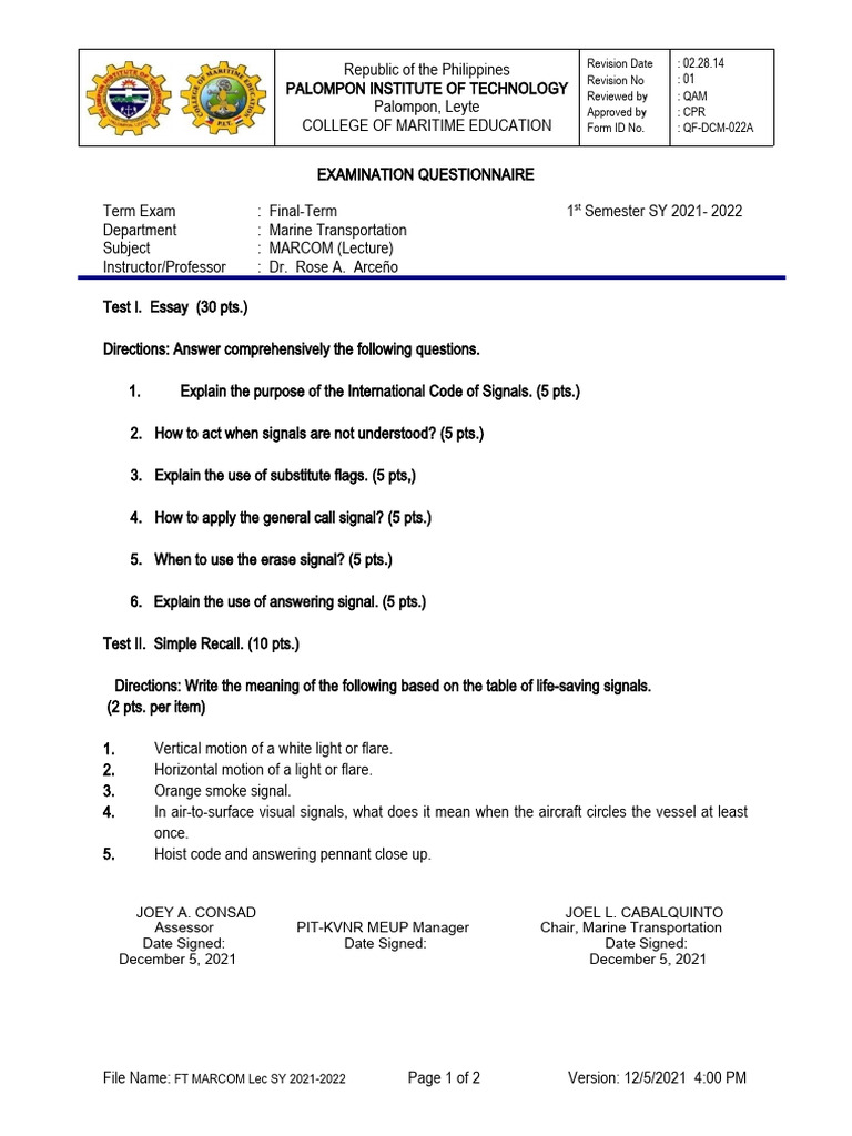 Maritime Communication Final Exam BSMT | PDF