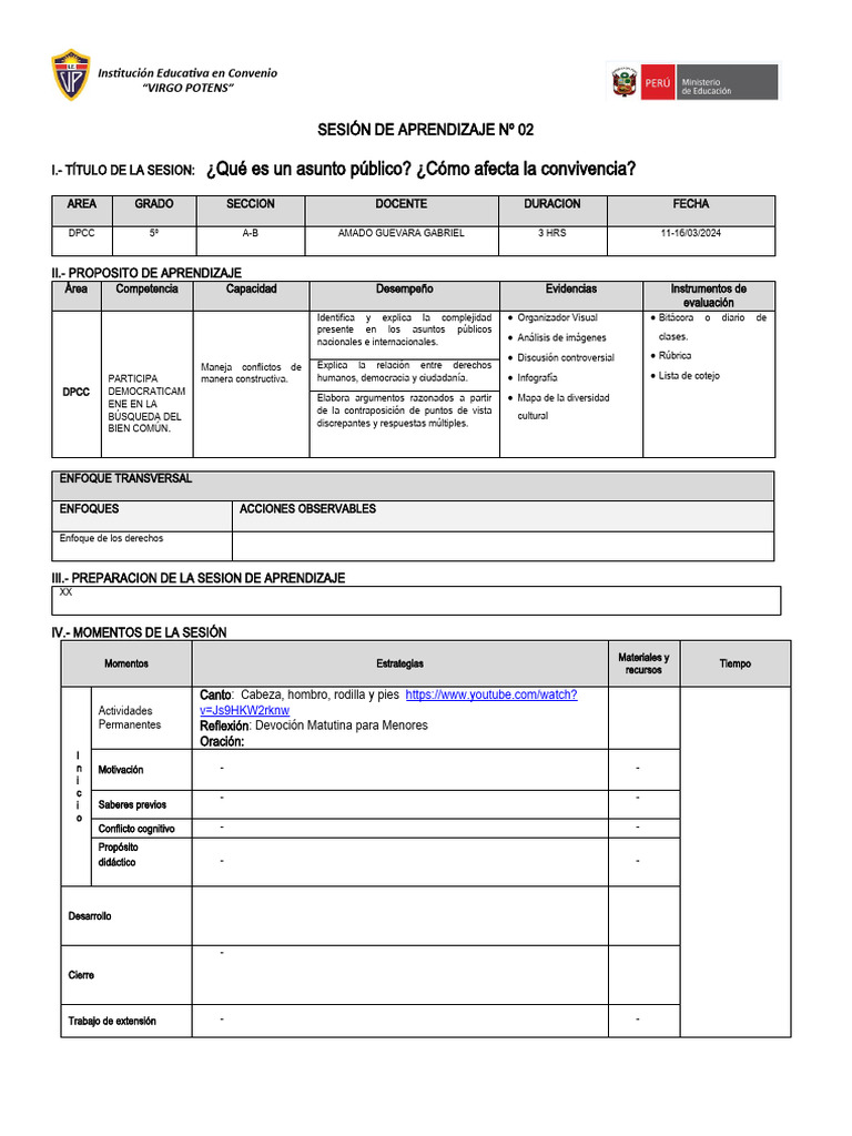 2da SESIÓN DE APRENDIZAJE DPCC 5º 2024 | PDF | Aprendizaje | Cognición