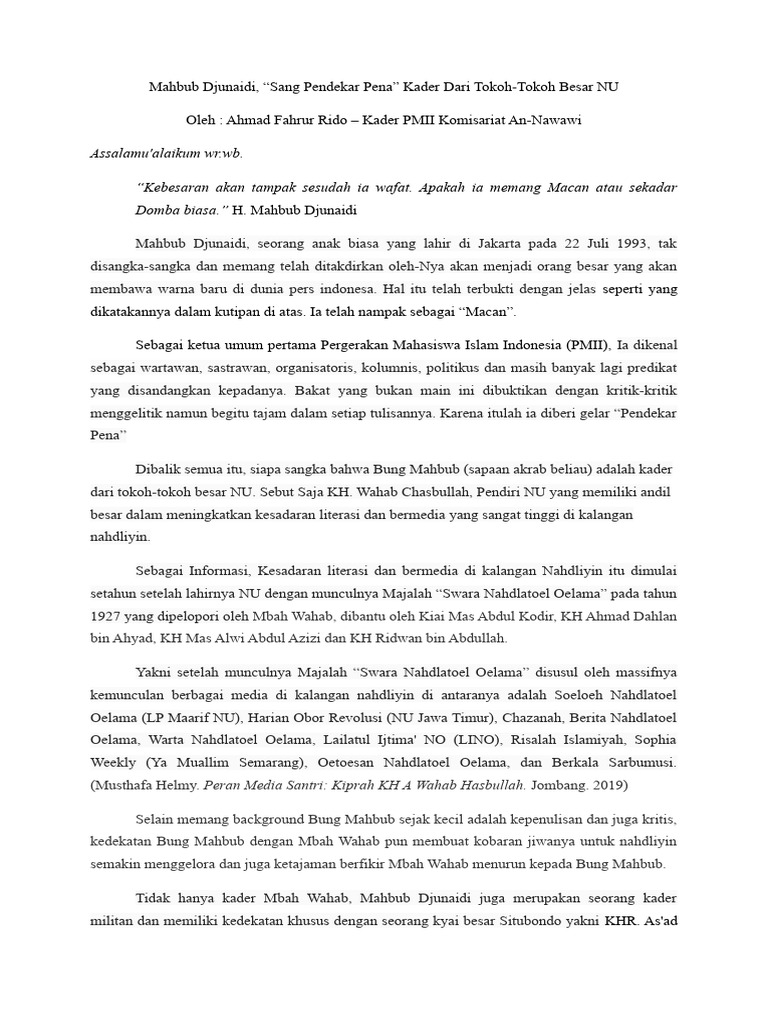 Mahbub Djunaidi, Pendekar Pena Kader Tokoh-Tokoh Besar NU Fix | PDF