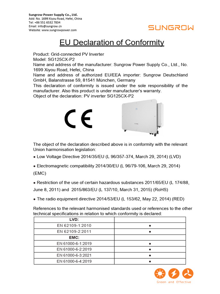 Sungrow SG125CX-P2 Three Phase EU Declaration of Conformity English Version | PDF ...