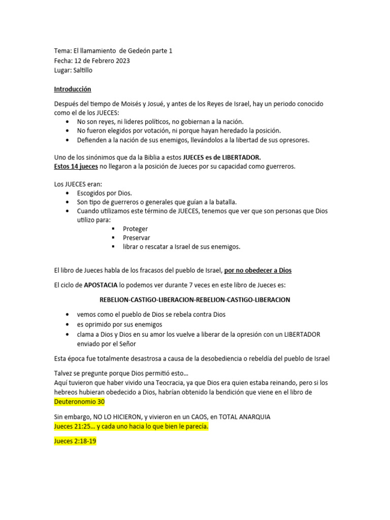 El Llamamiento de Gedeon Parte 1 | Descargar gratis PDF | Dios | Pecado