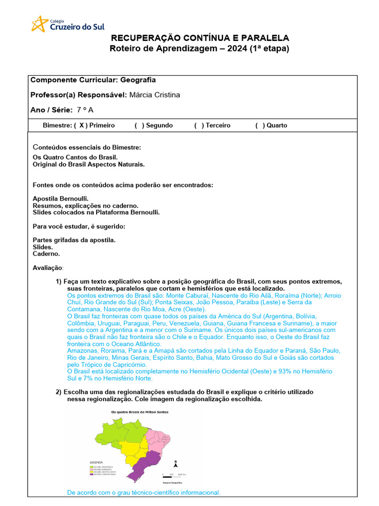 Roteiro de Geografia 1º Bimestre 7º Ano PDF | PDF | América do Sul | Brasil