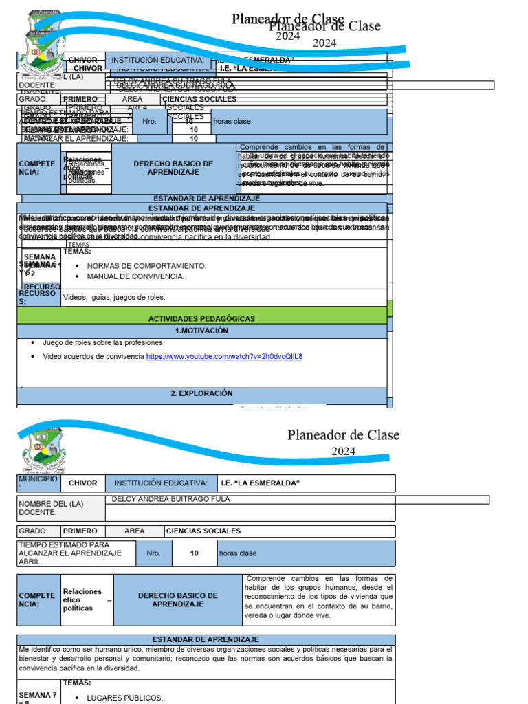 Planeador Grado Primero - Sociales - Primer Periodo | PDF | Aprendizaje ...