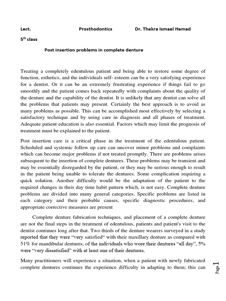 After Insertion of Complete Denture Problem | PDF | Dentures ...
