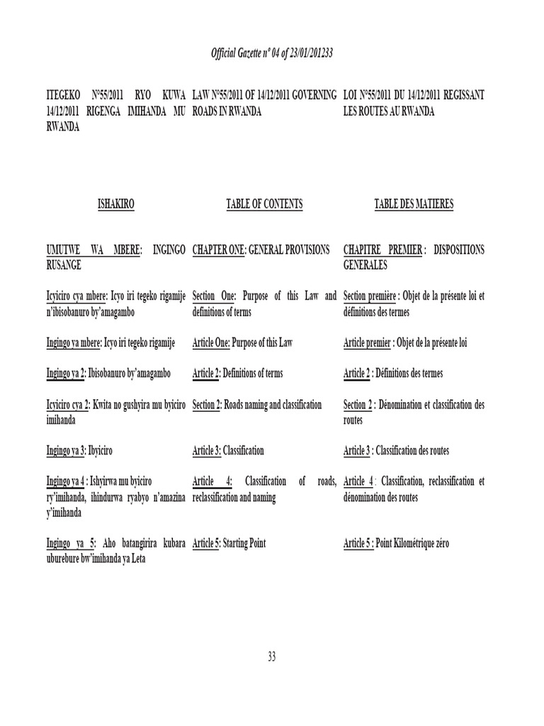 Rwanda Loi 2011 55 Regime Des Routes | PDF