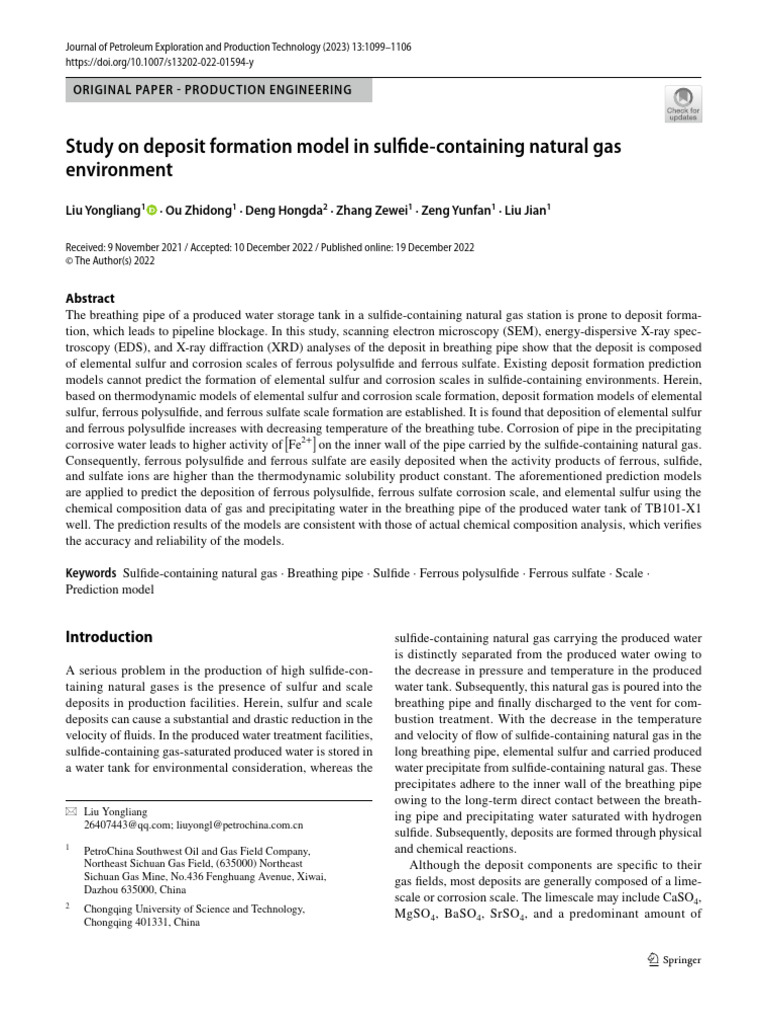 Study On Deposit Formation Model in Sulfde Containing Natural Gas | PDF ...