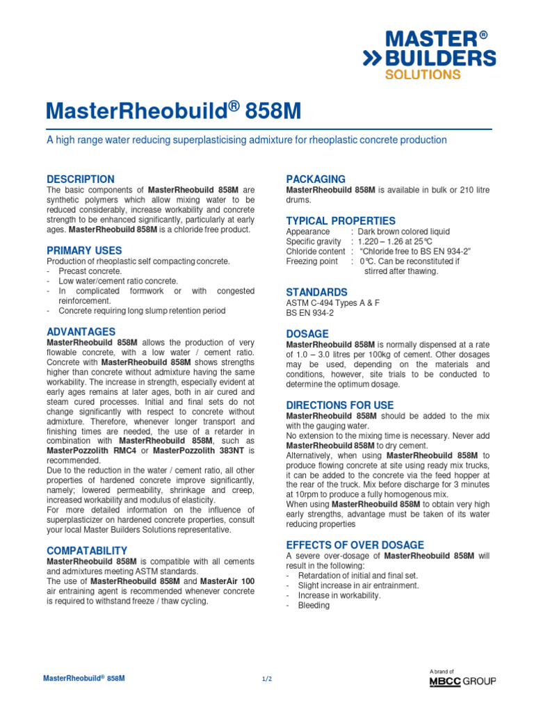 MasterRheobuild 858M TDS | PDF | Concrete | Structural Engineering