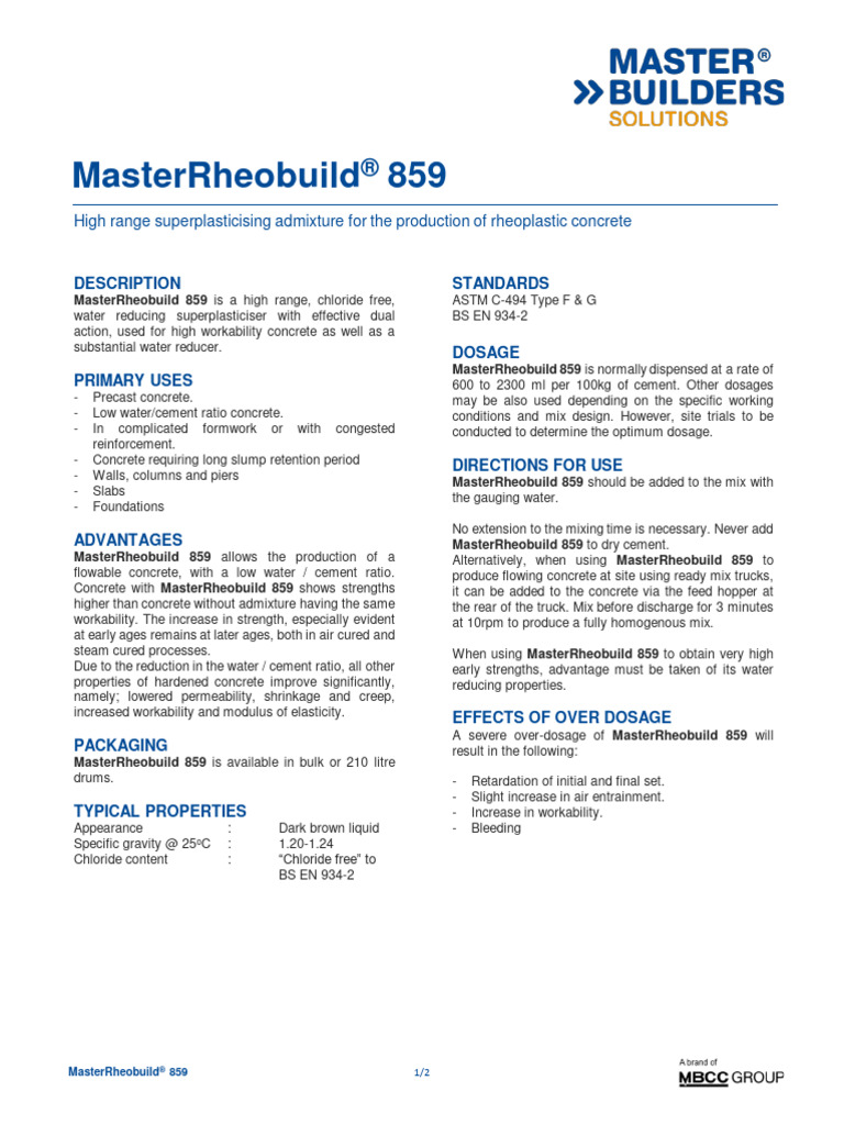 MasterRheobuild 859 Technical Data Sheet | PDF | Concrete | Cement