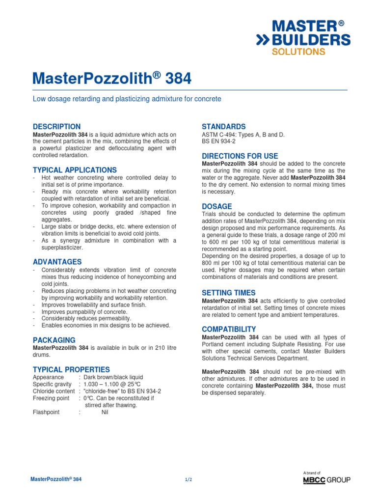 MasterPozzolith 384 Technical Data Sheet | PDF | Concrete | Cement