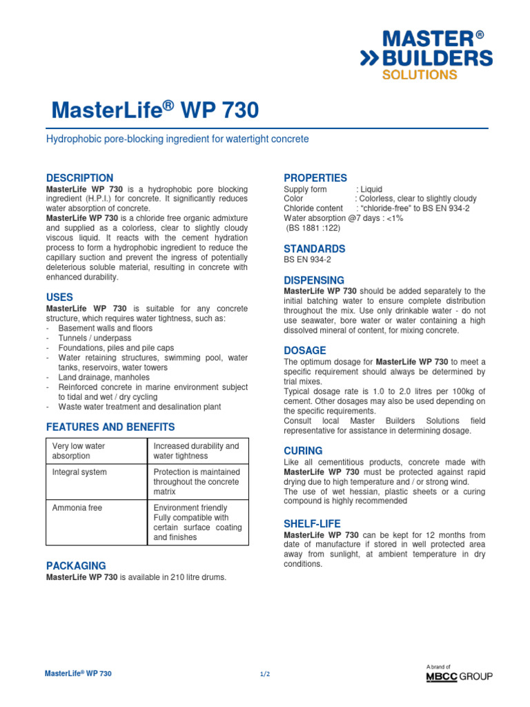 MasterLife WP 730 - TDS | PDF | Building Materials | Physical Chemistry