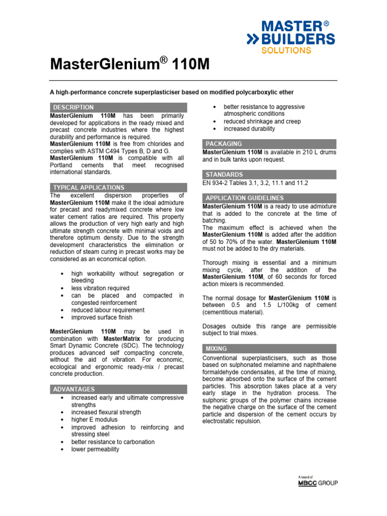 Masterglenium-110m Technical Data Sheet | PDF | Concrete | Cement